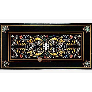 Black Marble Inlay Top Dining Table Handicraft Design Living Room Furniture Decor | 36"x24" Inches
