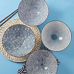 QINLANG 38 oz Japanese Ramen Bowls, Cereal Bowls, Soup Bowls, Pho Bowls, Noodle Bowls, Blue and White Ceramic Bowls Set of 4, 8 inches
