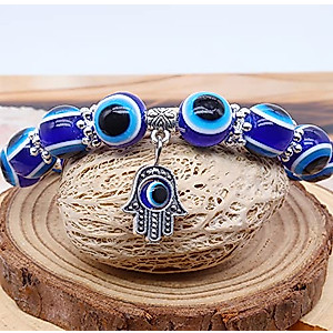 CJIAYUJEW 3pcs Evil Eye Bracelet Chakra Crystal Bracelets Set,Evil Eye Hamsa Blue Beaded Charm Stretch Bracelet for Protection and Blessing (Blue, Zinc Alloy)