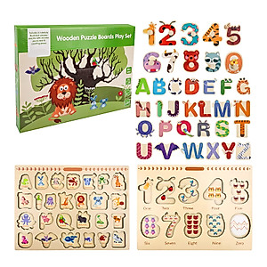 Aomola Wooden Puzzles for Toddlers,Alphabet ABC Puzzle Numbers Puzzle Set,Kids Educational Preschool Pegged Puzzles,Learning Toys Gift for 3 Year Old and Up Boys and Girls