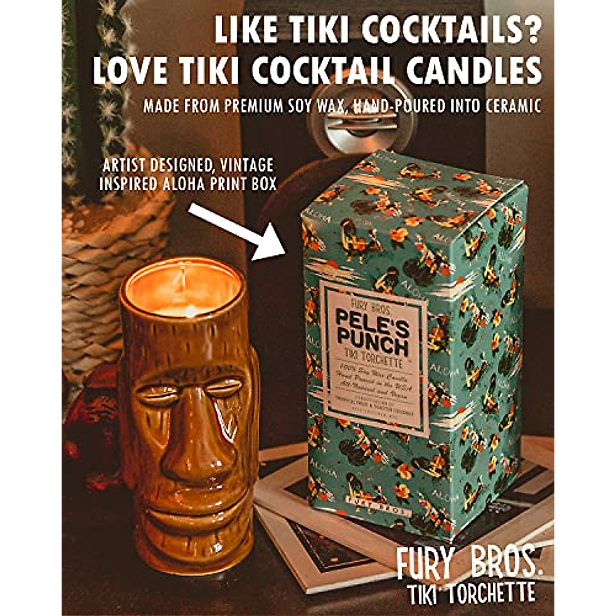 Tiki Torchette Candles from Fury Bros. | A 70-Hour Transport to The Tropics | Polynesian Painkiller - Pineapple, Coconut Cream, and Rum |Soy Wax, Vegan Friendly | Hand Poured in The USA, 12 oz