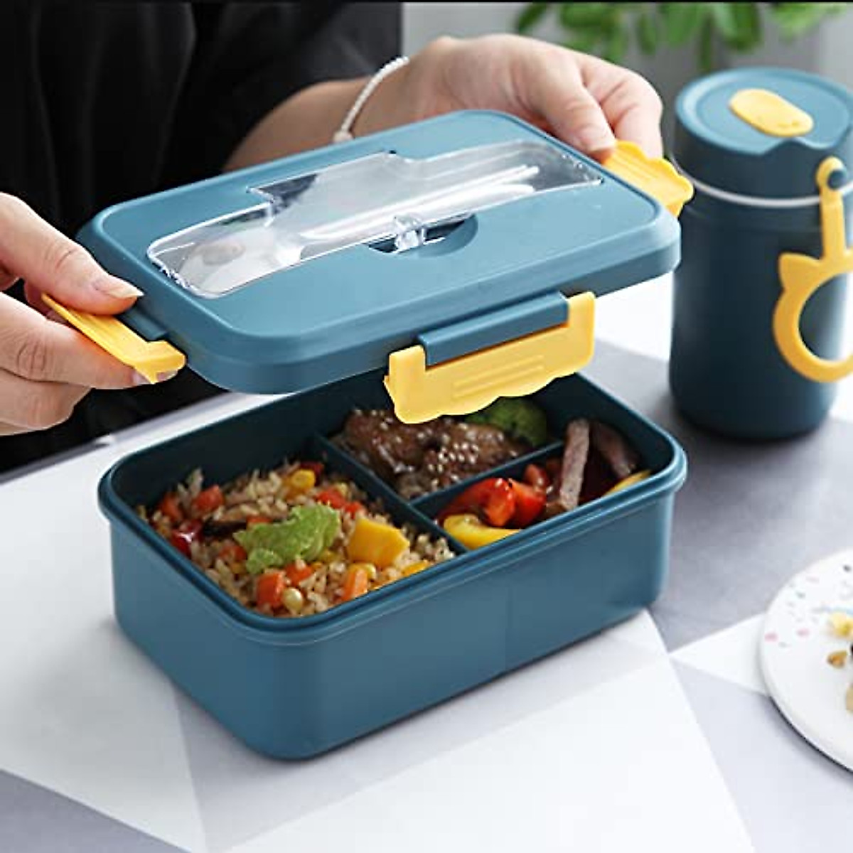 Jossens Bento Box Set,1100ML Leakproof Lunch Box Kit With Utensils,Breakfast Cup and Lunch Bag,3 Compartment Microwave Lunch Containers,BPA Free(Blue)