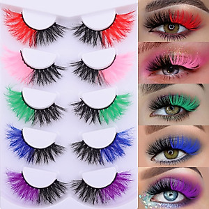 Colored Mink Lashes Fuffy 5 Colour Mixed Natueal Length Cat Eye Lashes with Half Color Dramatic Wispy Eyelashes Red Pink Green Blue Purple Soft Lashes Pack