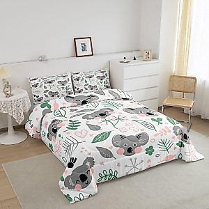 Feelyou Koala Comforter Set Queen Size, Cartoon Koala Comforter Set Cute Koala Comforter for Kids Toddler Botanical Plant Duvet Set Lightweight Quilt Set