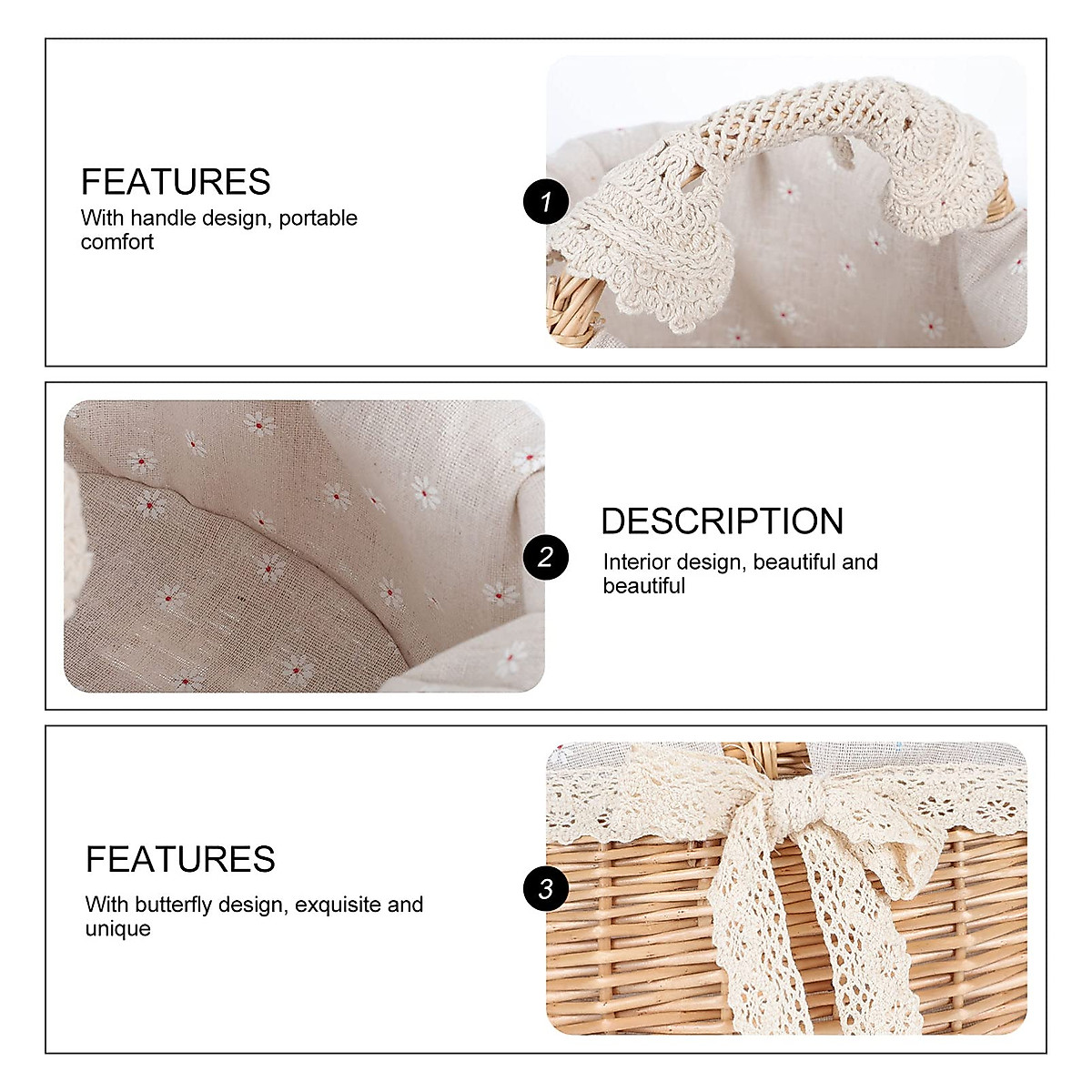 generic Wicker Woven Basket Multipurpose Basket with Handle Linen Cotton Cloth Lining for Storage and Decorations