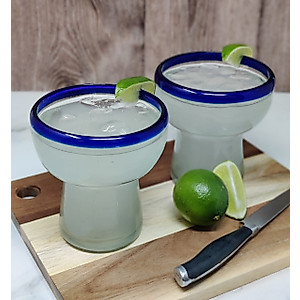Dos Sueños Mexican Hand Blown Glass – Set of 4 Hand Blown Stemless Blue Rim Margarita Glasses (14oz)