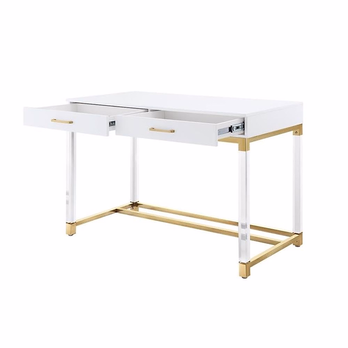 Posh Briar 2-Drawer Metal Writing Desk with Acrylic Legs in White/Gold
