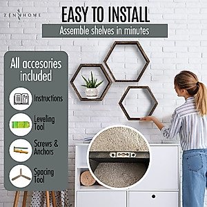 Zen Home Rustic Hexagon Floating Shelves, Set of 3, Honeycomb Shelves, Natural Wood, Kitchen, Bathroom, Living Room Home Decor, Guy Potted Plant, Artificial Hanging Plants, Wall Shelves (Rustic Brown)