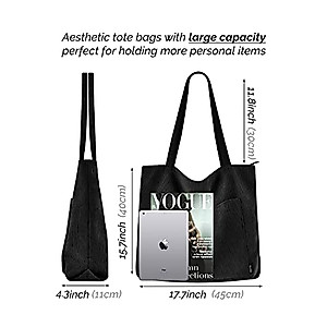 Prite Corduroy Tote Bag for Women Large Shoulder Bag with Zipper and Pockets for College School Work Travel Shopping (Black)