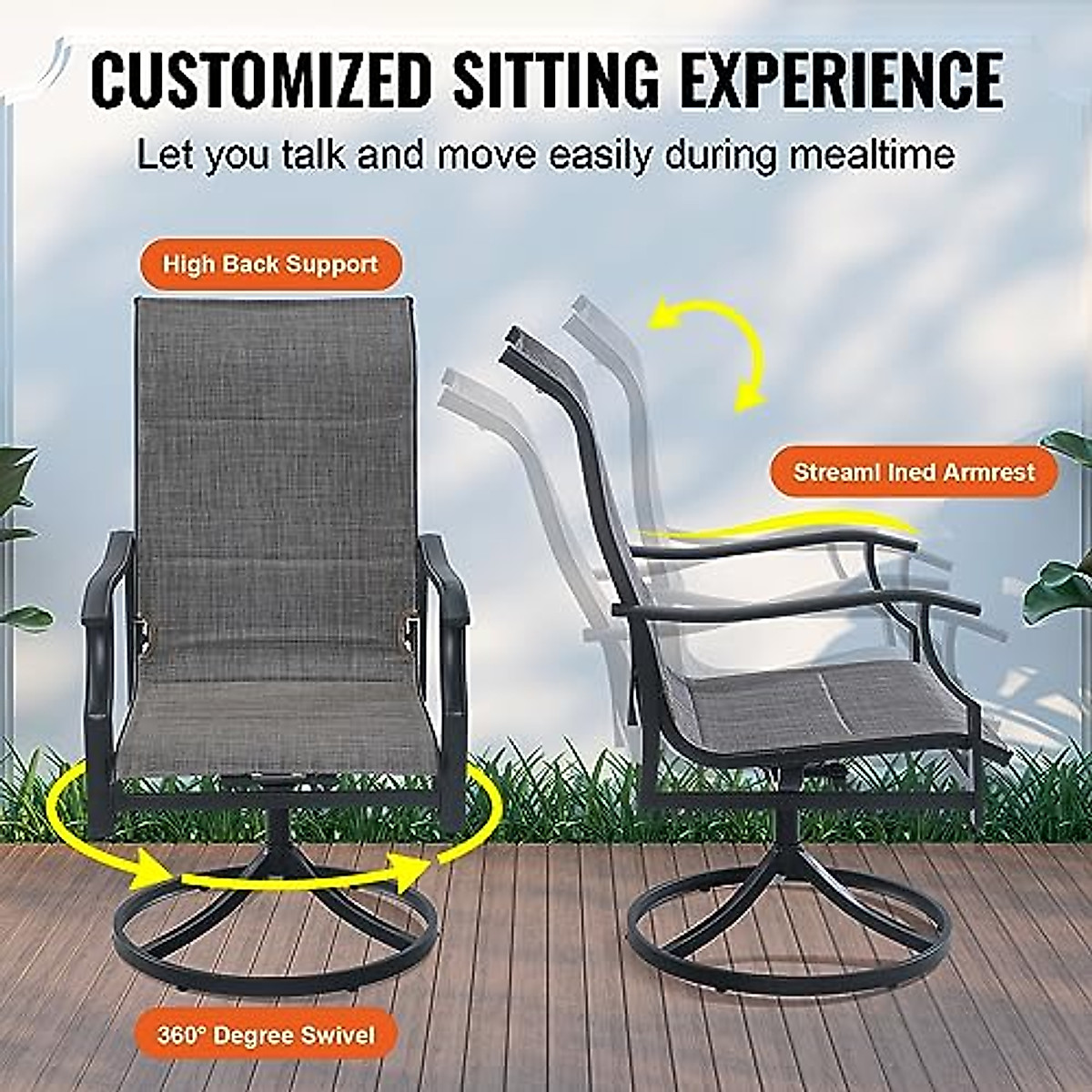 VEVOR 5 Pieces Patio Dining Set, Outdoor Furniture Table and Swivel Chairs Set, All Weather Garden Furniture Table Sets, Iron Patio Conversation Set with Umbrella Hole, For Lawn, Deck, Backyard, Black