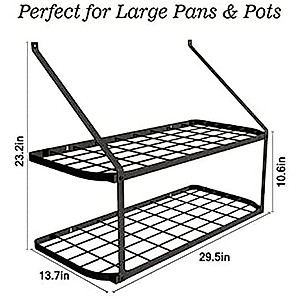 BERTY·PUYI Hanging Rack Mounted Kitchen Pot Rack for Kitchen Storage and Organization Matte Black 2 Tier Wall Shelf for Pots and Pans with 12 Hooks