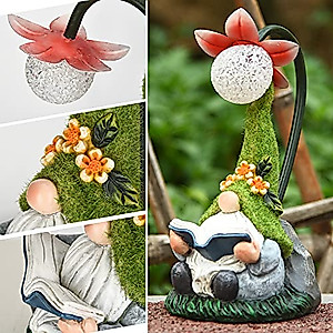 E.SUN CRAFT, Solar Garden Gnome Resin Gnomes Figurine Reading Book with a Solar Powered LED Flower Light Outdoor Summer Autumn Decorations for Patio Yard Lawn Porch Pond Green Hat