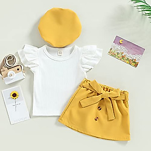 Bonangber Toddler Girl Skirt Outfit Baby Summer Short Sleeve Ribbed Ruffle Tops+Elastic Waist Mini Skirts+Hat 3pcs Baby Clothes (White, 4-5 Years)