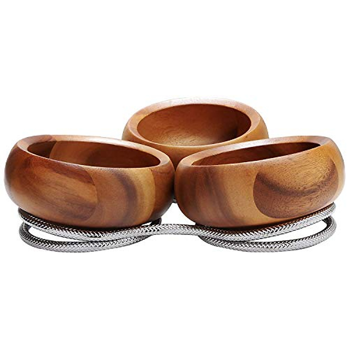 nambe Braid Condiment Server | Serving Bowl for Side Dishes, Dips, Appetizers | Chrome Base | Acacia Wood Dip Bowls | 3 Piece Serving Set | 12-Ounce Bowls