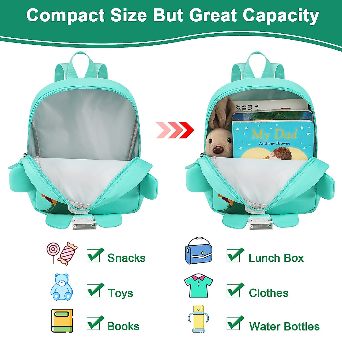 Accmor Toddler Harness Backpack Leash, 4 in 1 Kid Dinosaur Backpacks with Anti Lost Wrist Link, Child Cute Daycare Bags with Rope Tether Keep Boys Girls Walking Close(Green)