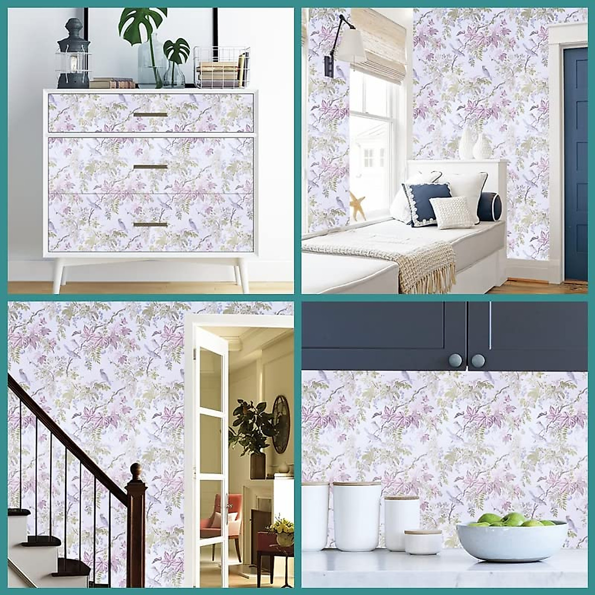 Arthome Peel and Stick Wallpaper Self Adhesive Birds Floral Contact Paper 17 inch × 10 feet Wall Paper Removable Decorative Vinyl for Room and Furniture Decoration.