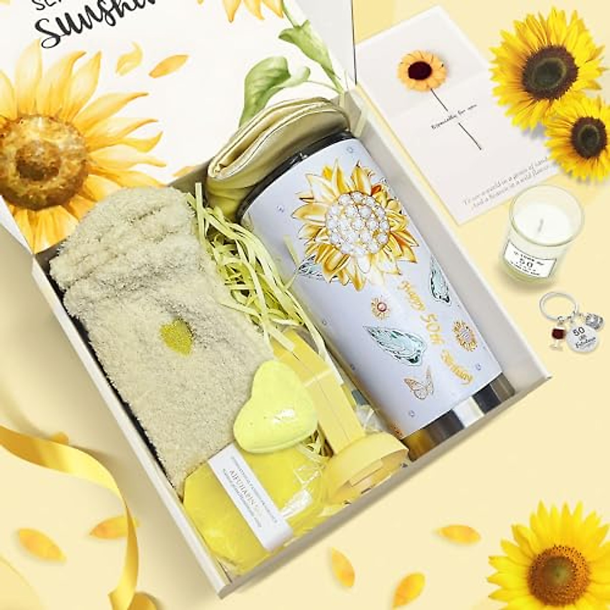 Fitvc 50th Birthday Gifts for Women, Happy 1974 Birthday Gifts Set for Woman Mom Wife Best Friends, Funny 50 Year Old Gift Basket Box Unique, Sending Sunshine 20oz Wine Tumbler Bday Gift for Female