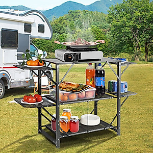 VEVOR Camping Kitchen Table, Aluminum Folding Portable Outdoor Cook Station with 4 Iron Side, 2 Shelves & Carrying Bag, Quick Installation for Picnic BBQ Beach Traveling