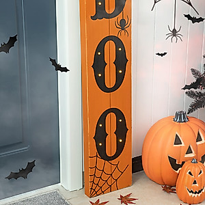 Glitzhome 42" H Halloween Porch Board Sign with Timer 6 Hours On /18 Hours Off, Lighted Halloween "BOO" Hang Sign or Lean Against Wall Standing Sign, 12 LED Lights Wood Plaques for Outdoor Decor