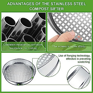 Windyun 3 Pcs Rock Garden Sieve Soil Dirt Sifter Sand Soil Sieve Compost Sifter Screen Sifting Screen Pan Metal Dirt Strainer with Shovel Tools for Gardening Bonsai Beach Gravel, 3 Sieve Mesh