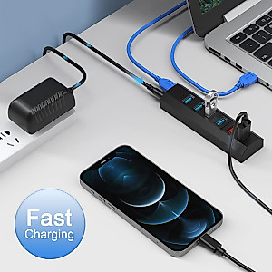 USB Hub, Aiibe 6 Ports Super High Speed USB 3.0 Hub Splitter + 24W Power Adapter + USB 3.0 Cable, Black Smart Fast Charger Powered USB Hub for Laptop, Mac, PC, Mobile HDD, Mulitple Devices