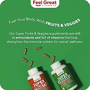 Feel Great Fruit and Vegetable Supplements | 20+ Super Reds & Greens for Natural Energy Support | Vegan Fruit and Veggie Vitamins | 2 Pack of 90 Count Each