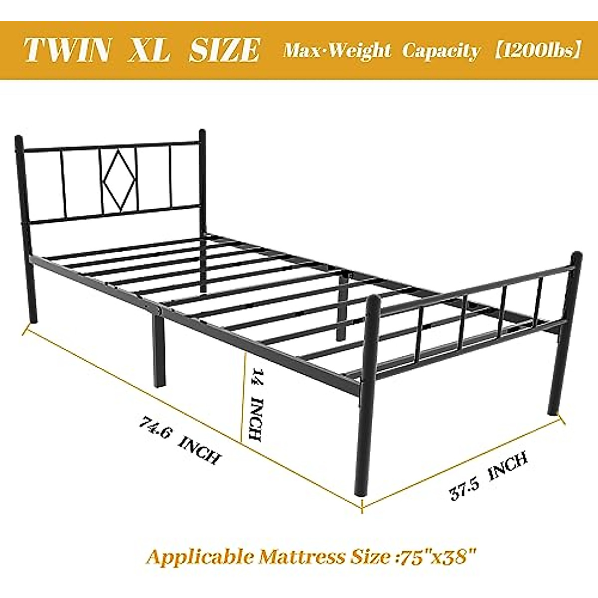 Mavesmog Twin Bed Frames 14 inch Metal Platform Mattress Foundation Twin Size Bed Frame with Headboard Footboard for Kids, No Box Spring Needed, Under Bed Storage, Easy Assembly Black