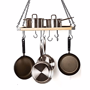 SODUKU Pot Pan Rack with Shelf Grid, Ceiling Mounted Hanging Multi-Purpose Wood & Metal Cookware Hanger Organizer Kitchen Storage with 10 Hooks