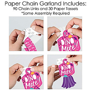 Big Dot of Happiness Roar Dinosaur Girl - 90 Chain Links and 30 Paper Tassels Decoration Kit - Dino Mite Trex Baby Shower or Birthday Party Paper Chains Garland - 21 feet