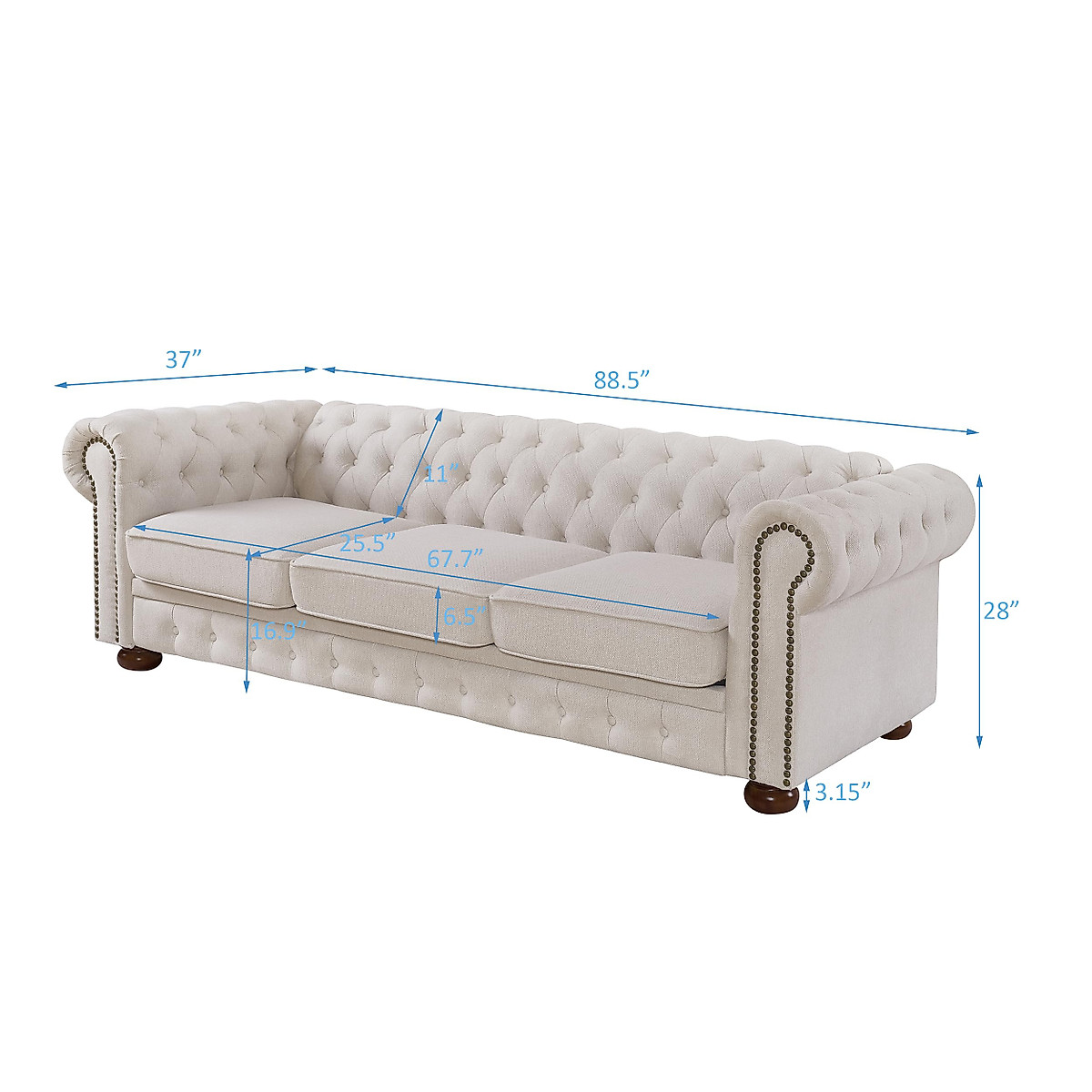 LIADTOP, 3-Seat Chesterfield Sofa with Button Tufted, Nailhead Trim and Solid Wood Legs, Classical Linen Fabric Couch for Living Room, Office, Beige