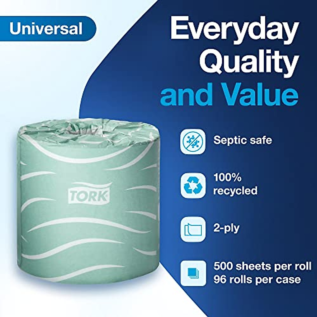 Tork Septic Safe Toilet Paper White, 100% Recycled, 2-ply, 500 Sheets per Roll, 96 Rolls