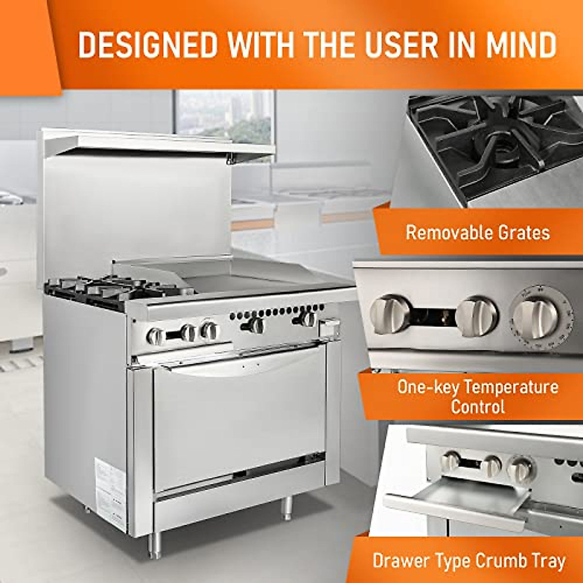 HOCCOT 36” Gas Range Stove with 2 Burners and 24” Griddle Cooktop, Freestanding Commercial Natural Gas Restaurant Range Stainless Steel w/Standard Oven & Cast Iron Grate, 135,000 BTU Total