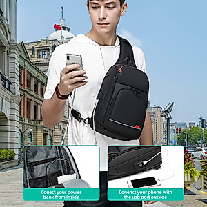 Mens Shoulder Bag for 9.7 inch Tablet,Black Cross-body Chest Sling Pack with USB Charging Port