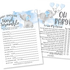 Hadley Designs Blue Elephant Baby Shower Games for Boys - 2 Games Double Sided, 25 Word Scramble for Baby Shower Ideas, 25 True Or False Baby Shower Game, Fun Baby Shower Games, Party Supplies