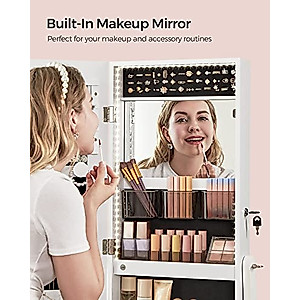 SONGMICS Mirror Jewelry Cabinet Standing Armoire Organizer, Jewelry Storage with Full-Length Frameless LED Lights, Built-in Makeup Mirror, 2 Drawers, Lockable, White UJJC023W01