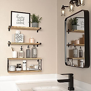 WOPITUES Floating Shelves Wall Mounted, Wood Bathroom Shelves with Extra Storage Shelf, Rustic Wall Shelves for Bathroom, Bedroom, Kitchen, Living Room, Plants - Light Brown