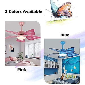 KWOKING Lighting Creative Butterfly Wing Ceiling Light and Fan with Remote Control 5 Blades LED Bedroom Hanging Fan Light Adjustable Speed for Kids Bedrooms - Pink