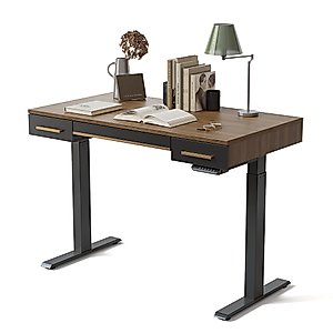 FEZIBO Mid-Century Modern Electric Standing Desk with 3 Drawers, 48 x 26 Inches Whole-Piece Sit Stand Up Home Office Desks, Vintage Top/Black Frame (2 Packages)