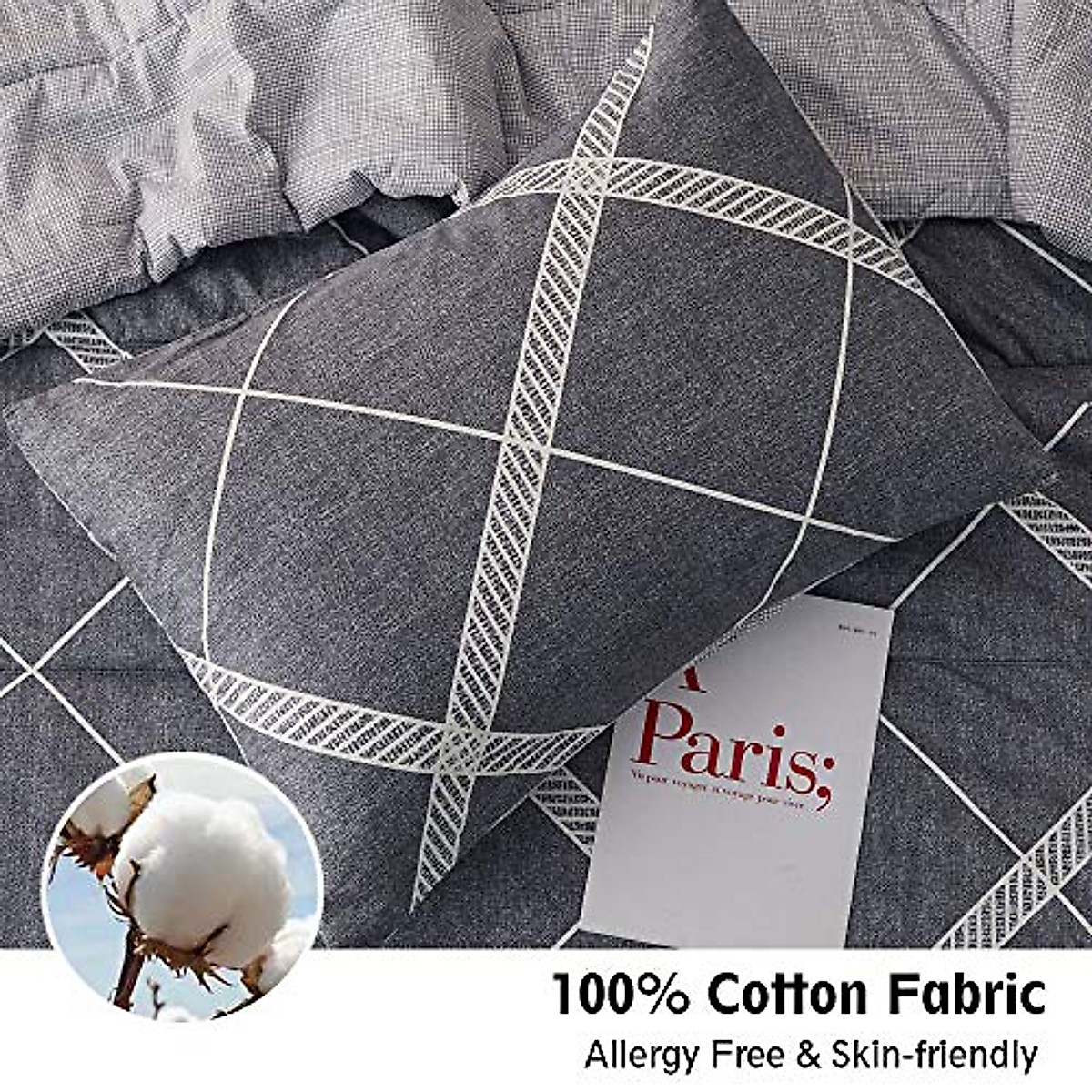 ATsense Comforter Set Queen, All Season 3-Piece 100% Cotton Fabric, Soft Microfiber Filled Bedding, Lightweight Reversible Duvet Insert (Grey&White, MY005)