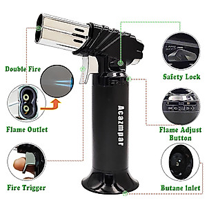 Double flame Butane Torch Without Butane Fuel, Refillable Kitchen Torch Lighter, Cooking Torch with Safety Lock Adjustable Flame, BBQ Baking Tools for Desserts Creme Brulee, diy soldering and camping