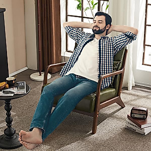 Flulep 80 * 65 * 73cm Single Seat B Style Backrest Without Buckle with Pillow PU Walnut Oak Armrests Indoor Leisure Chair Dark Green