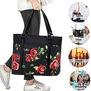 Laptop Tote Bag Womens Work Purse Floral Teacher Handbag Shoulder Bag fit 15.6 in laptop (Black - Rose)