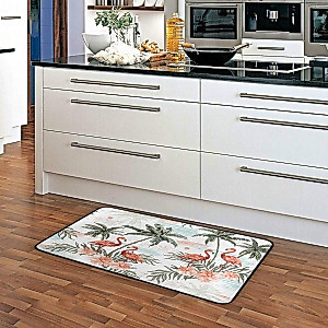 MOYYO Kitchen Mat Summer Beach Palm Trees Pink Flamingo Kitchen Rug Mat Anti-Fatigue Comfort Floor Mat Non Slip Oil Stain Resistant Easy to Clean Kitchen Rug Bath Rug Carpet for Indoor Outdoor