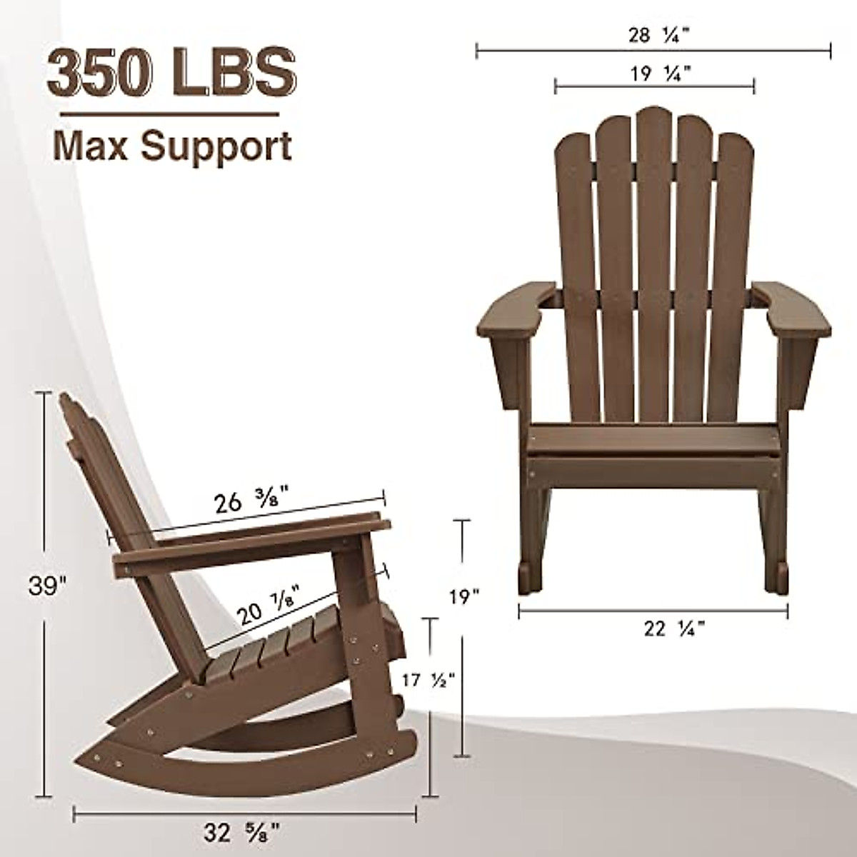 Psilvam Adirondack Patio Rocking Chair, Poly Lumber Porch Rocker with High Back, 350Lbs Support Rocking Chairs for Both Outdoor and Indoor, Poly Rocker Chair Looks Like Real Wood Set of 2（Brown）