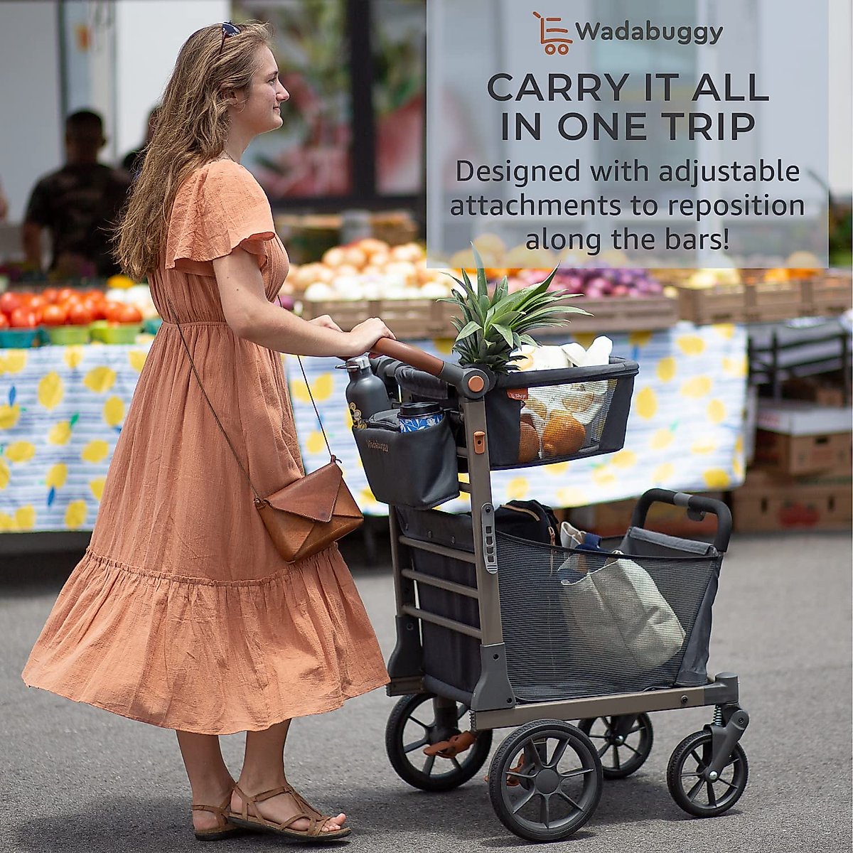 Wadabuggy Heavy Duty Folding Shopping & Utility Cart, Glides Effortlessly - Easy to Maneuver, Lightweight Push & Pull Behind Cart w/3 Storage Baskets