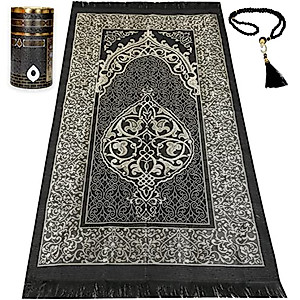 Kapobia Muslim Prayer Rug Islam and Beads, Kaabe Design Box Eid Ramadan Gifts Islamic Set Carnal Salah Mat Taffeta Fabric Black Soft Prayer Mats Men and Women