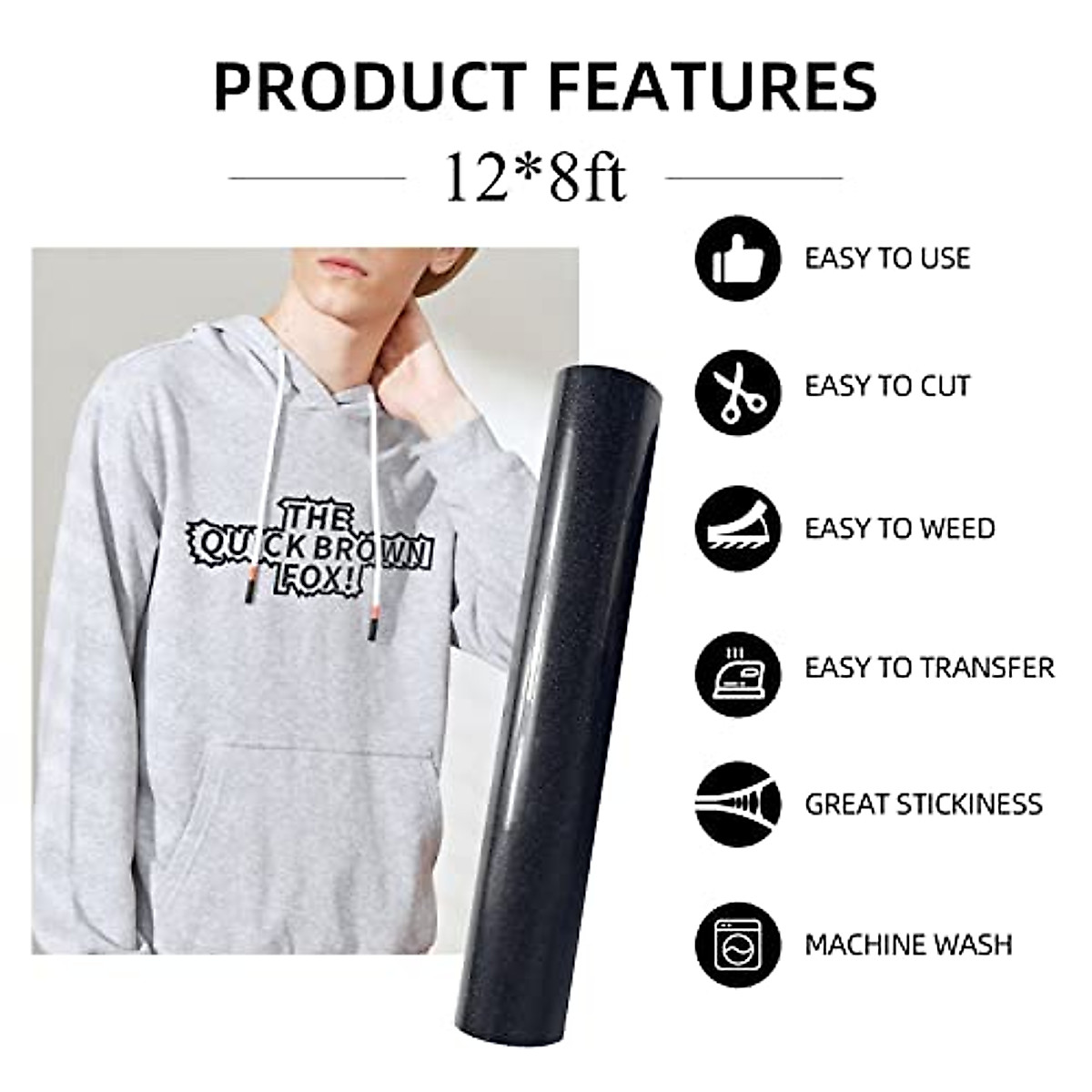 Black Glitter HTV Heat Transfer Vinly Roll for T Shirts- 12”x8ft Easy to Weed Cut Black Glitter Iron on Vinyl for Cricut Silhouette Cameo