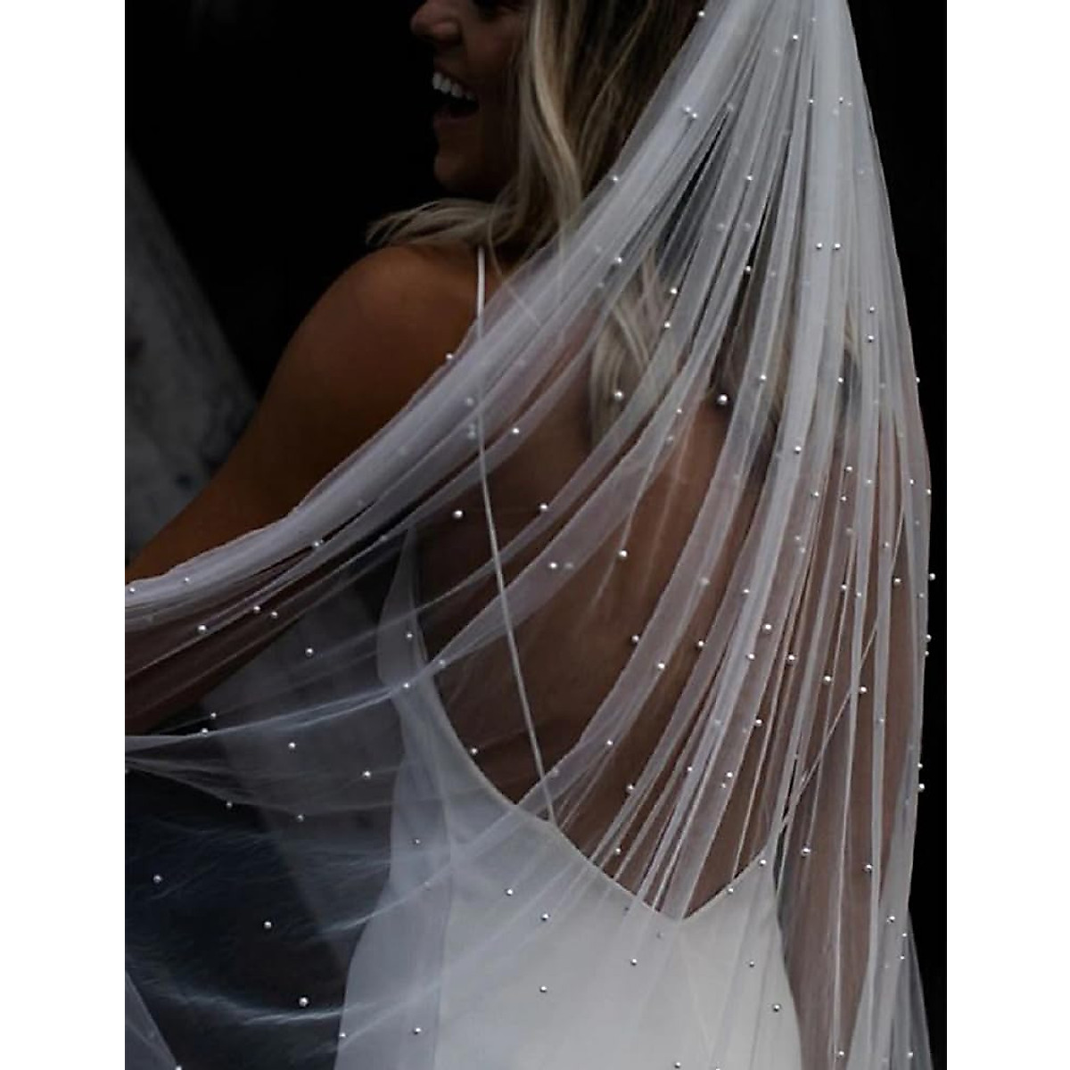 Elawbty 1 Tier Pearl Cathedral Length Wedding Bridal Veil With Metal Comb White F55