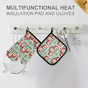 Swedish Dala Daleclarian Horse Oven Mitts and Pot Holders Winter Christmas Floral Cooking Gloves Kitchen Trivet Mats 2-Piece Set Non-Slip Heat Resistant Pad for Baking BBQ Home Decor