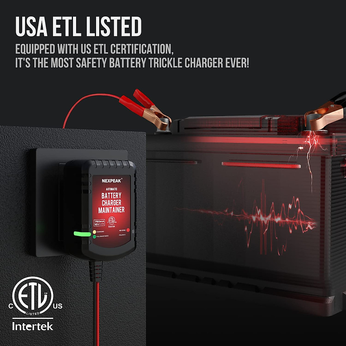 NEXPEAK NC075 12V 750mA Automatic Battery Charger, Battery Maintainer, Trickle Charger, and Battery Desulfator